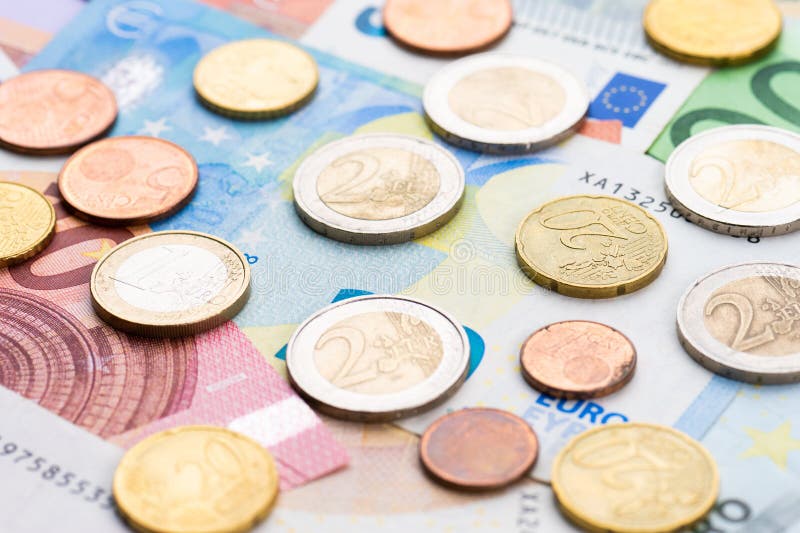 Assortment of Euro Coins on Euro Notes.. Stock Image - Image of ...