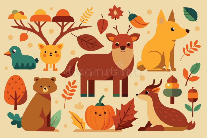 An Assortment of Fall Creatures and Flora in a Simplistic Design Stock ...