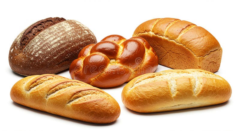 Assortment of Five Types of Bread Displayed on a White Background ...
