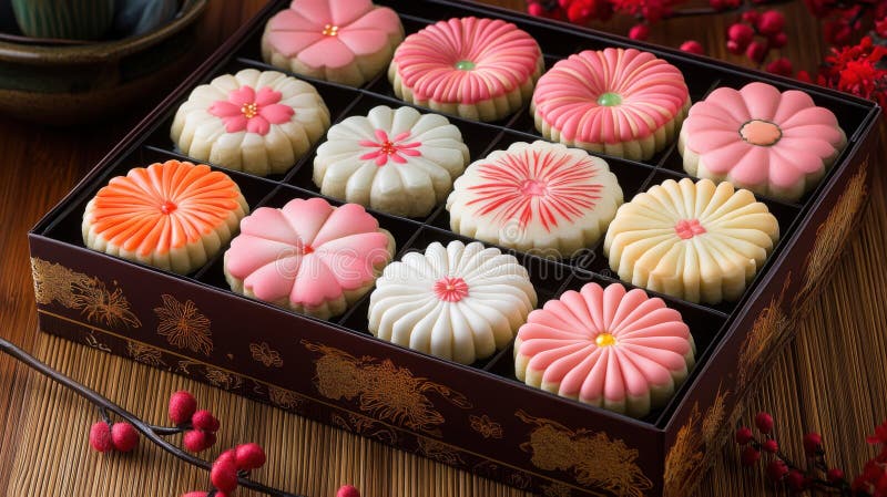 Assortment of Flower Shaped Japanese Cookies in Elegant Box Stock Photo ...