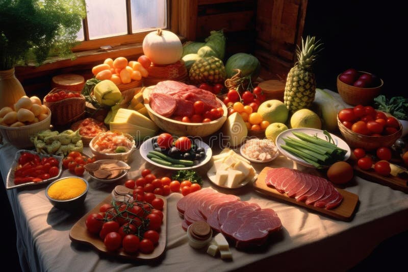 Assortment of Food Items on a Table Stock Illustration - Illustration ...