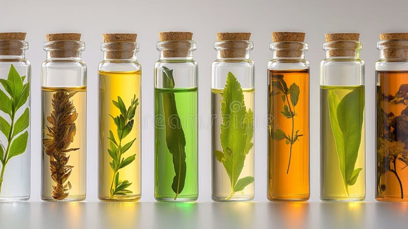 Assortment of Fragrant Herbal Infusions in Glass Bottles Stock Photo ...