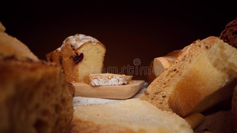 Assortment of Fresh Bread and Bakery on Table, Zoom in Video Stock ...