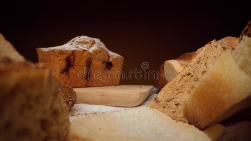 Assortment of Fresh Bread and Bakery on Table, Zoom in Video Stock ...