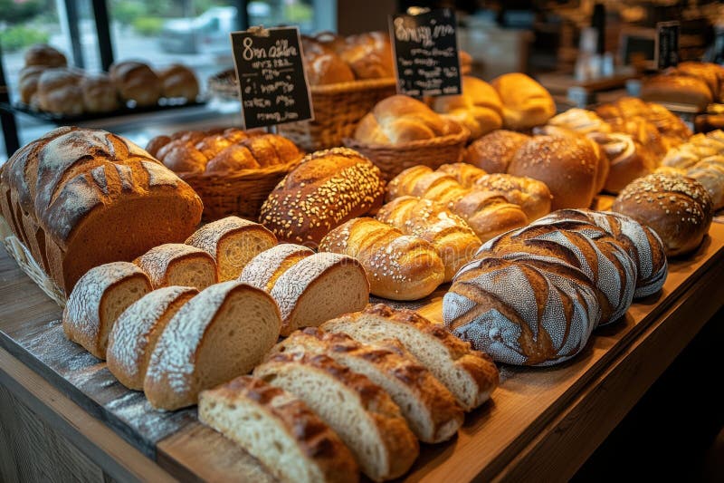 Assortment of Fresh Bread on Display in a Bakery with Warm Lighting ...