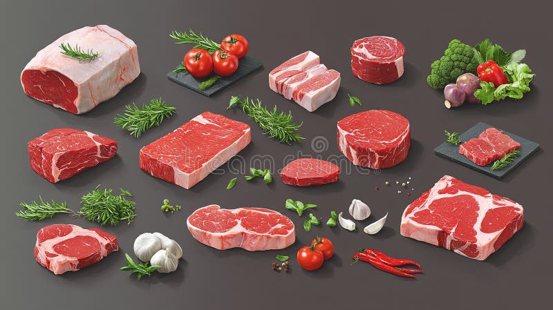 An Assortment of Fresh Cuts of Beef Arranged with Herbs and Vegetables ...