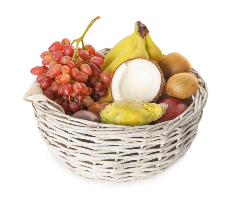 Assortment of Fresh Exotic Fruits in Basket on White Background Stock ...