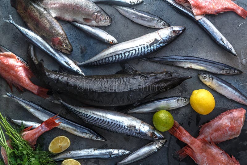 Assortment Of Fresh Fish On Dark Background, Top View Stock Image ...