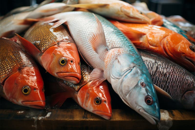 An Assortment of Fresh Fish on Display in the Bustling Market Stock ...