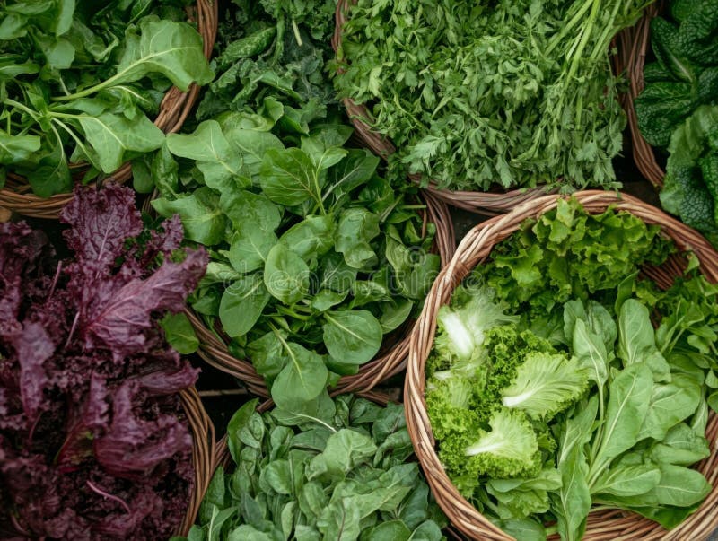 Assortment of Fresh Green Leafy Vegetables in Baskets Stock ...