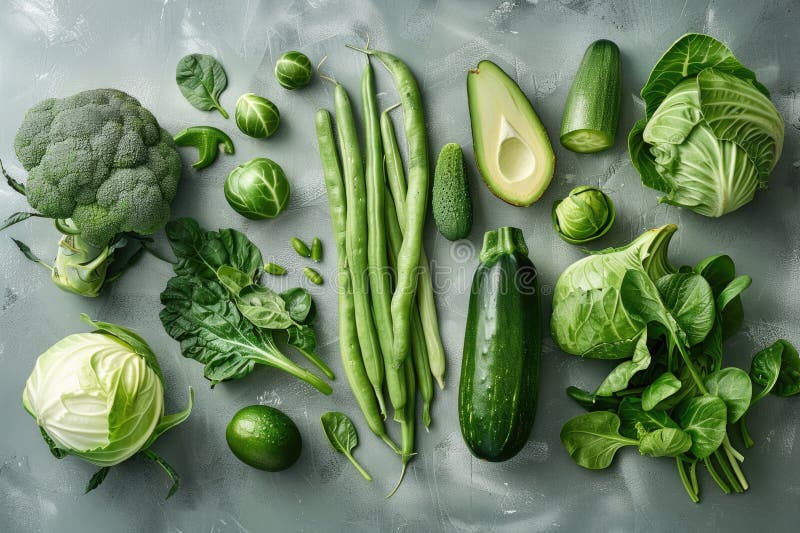 Assortment of Fresh Green Vegetables on Textured Surface Stock Photo ...