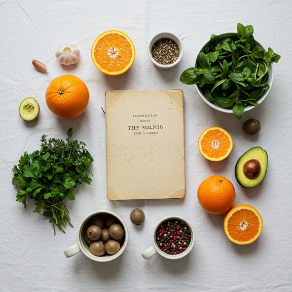 An Assortment of Fresh Ingredients Arranged Around an Open Book ...