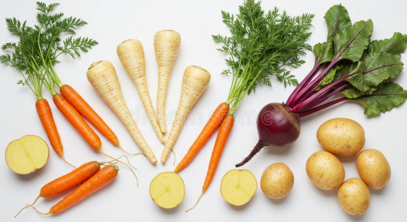 Assortment of Fresh Root Vegetables on White Background Stock ...
