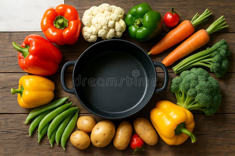 Assortment of Fresh Vegetables Arranged Around an Empty Black Pot Stock ...