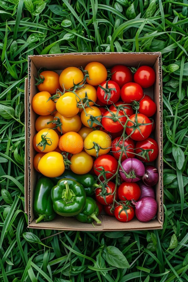 Assortment of Fresh Vegetables in a Box on Lush Green Grass, Organic ...