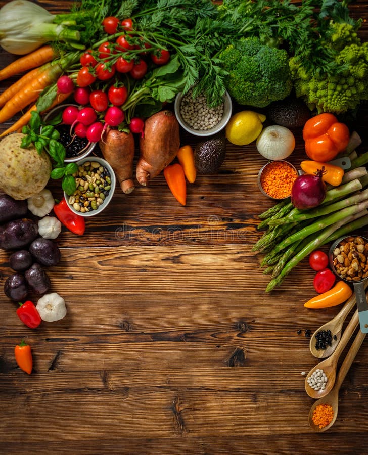 Assortment of Fresh Vegetables on Wooden Background Stock Photo - Image ...