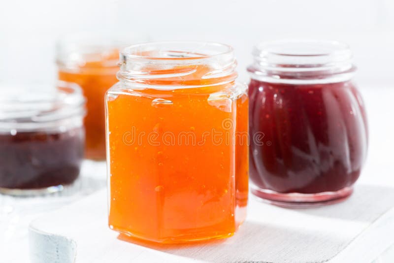 Assortment of Fruit Jams, Closeup Stock Photo - Image of white, variety ...