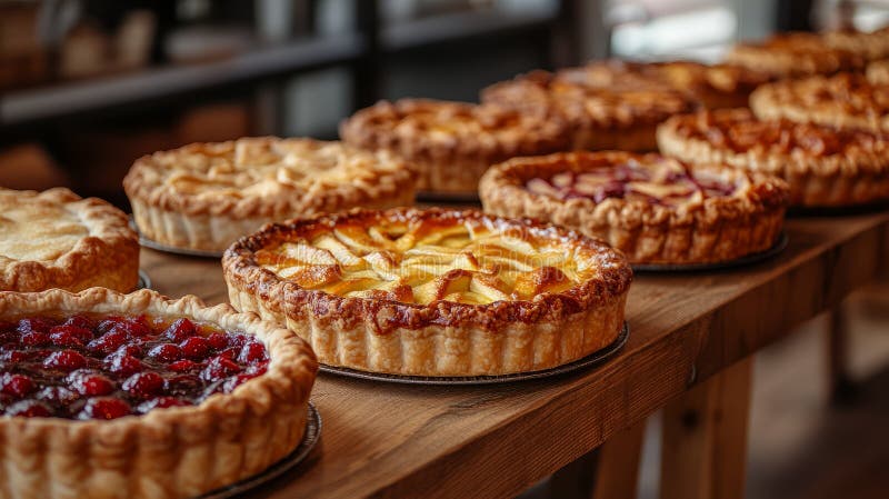 Assortment of Fruit Pies on a Wooden Table at a Bakery. Stock Photo ...