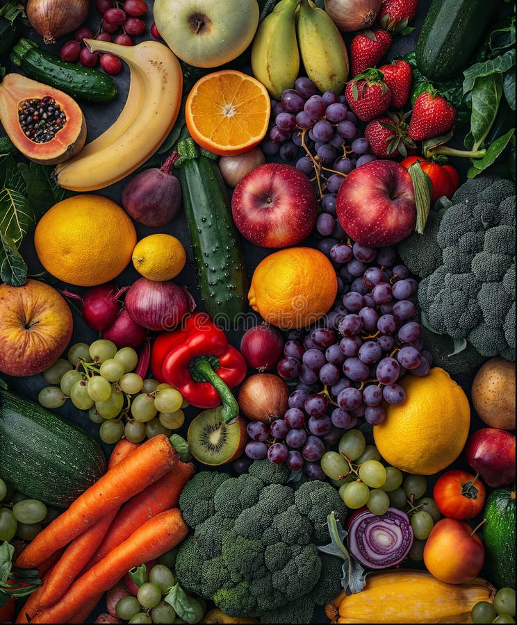 The Assortment of Fruits and Vegetables is Arranged in a Row Stock ...