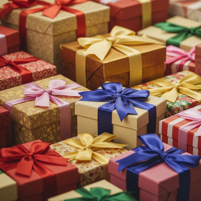 Assortment of Gift Boxes in Various Sizes, Adorned with Colorful ...