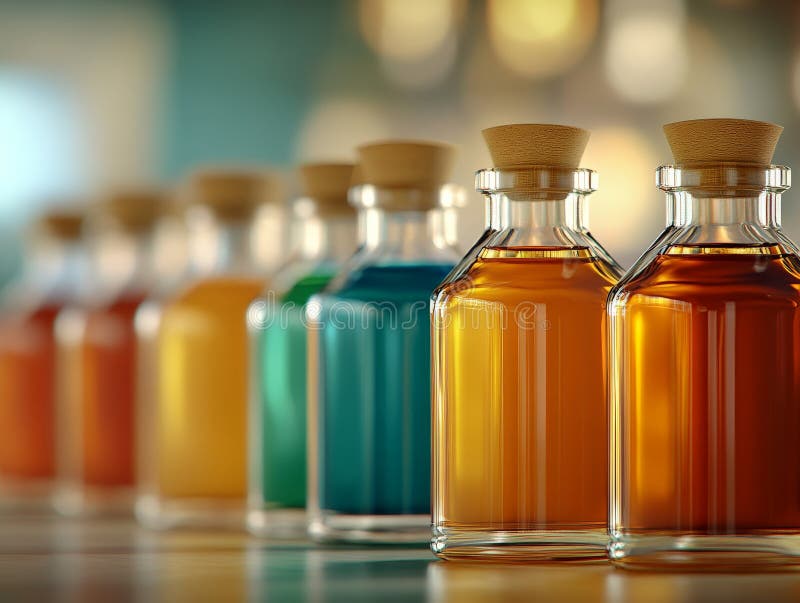 Assortment of Glass Bottles Filled Vibrant Liquid Solutions in ...