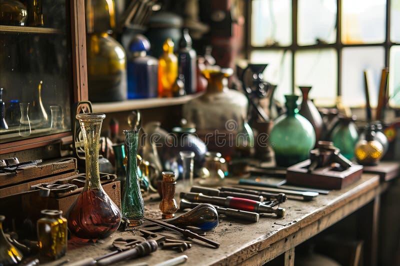 Assortment of Glassmaker S Tools on a Wooden Workbench Stock ...