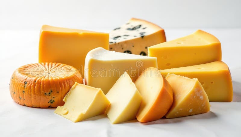 Assortment of Gourmet Cheeses on White Backdrop , Tasting, Cheese Stock ...