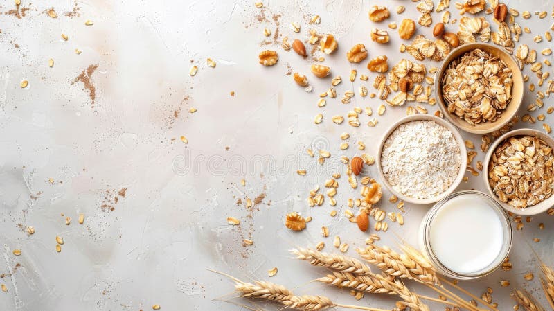 Assortment of Grains, Nuts, and a Glass of Milk on a Textured Surface ...