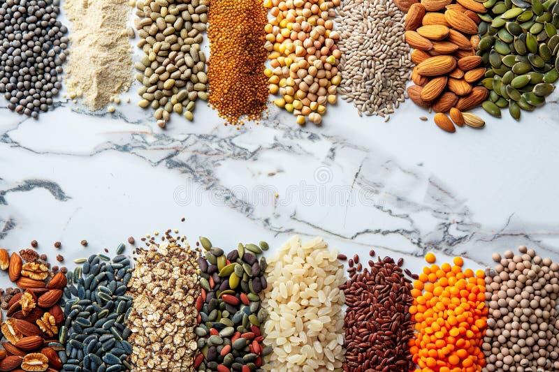 Assortment of Grains, Seeds, and Nuts on a Marble Surface Stock ...