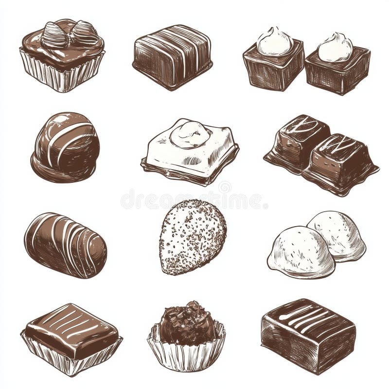 Assortment of Hand-drawn Chocolate Confections and Desserts Stock ...