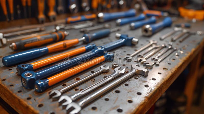 Assortment of Hand Tools on a Metal Workbench Stock Image - Image of ...