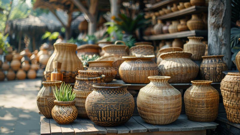 Assortment of Handmade Wicker Baskets on Display in a Rustic Market ...