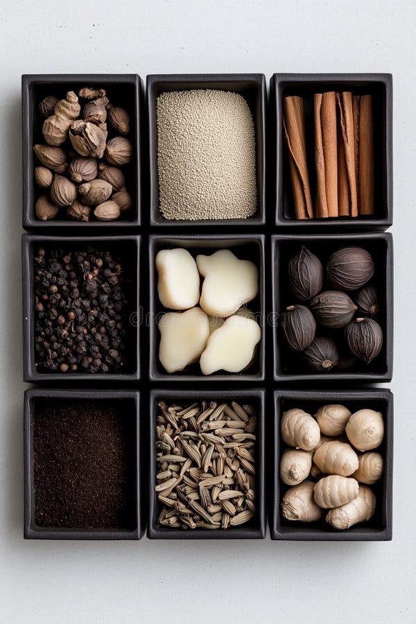Assortment of Herbs and Spices in Black Square Containers Stock Photo ...