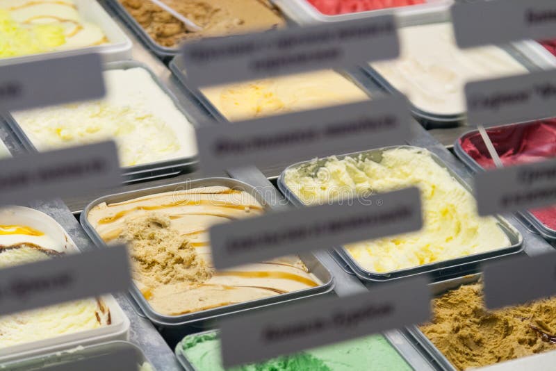 Assortment Ice-cream in Boxes on Counter with Label Stock Image - Image ...