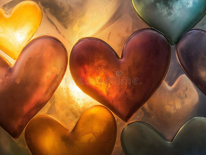 An Assortment of Illuminated Glass Hearts in Warm Colors, Creating a ...