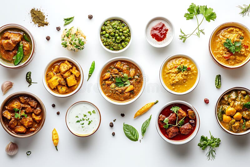 Assortment of Indian Dishes with Spices and Herbs Stock Illustration ...