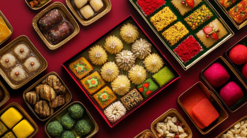 Assortment of Indian Sweets in Golden Boxes on Red Background Stock ...