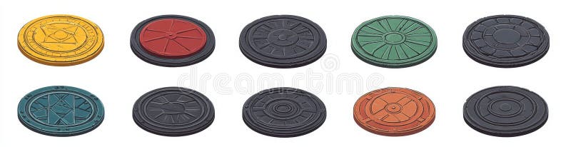 An Assortment of Isometric Icons Depicting Manhole Covers in Round ...