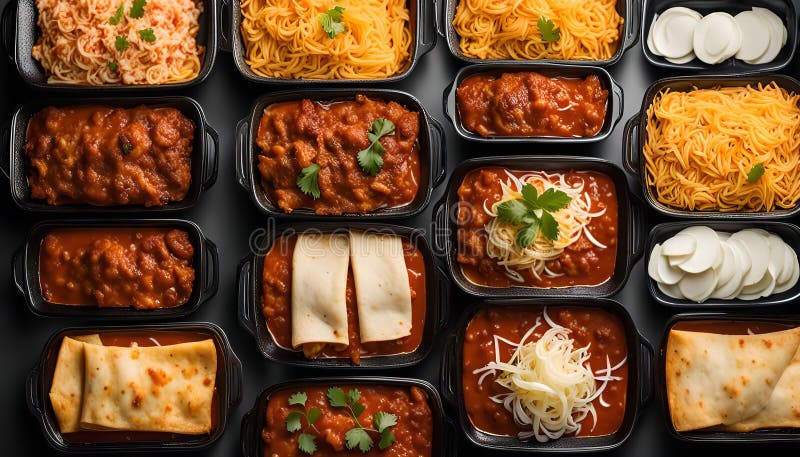 Assortment of Italian Dishes in Black Rectangular Dishes Stock ...