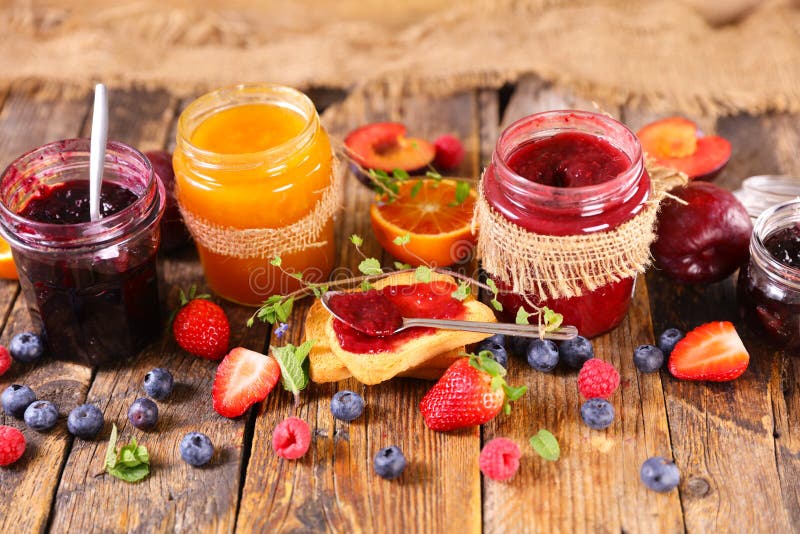 Jam and fresh fruits stock photo. Image of assorted - 221460196