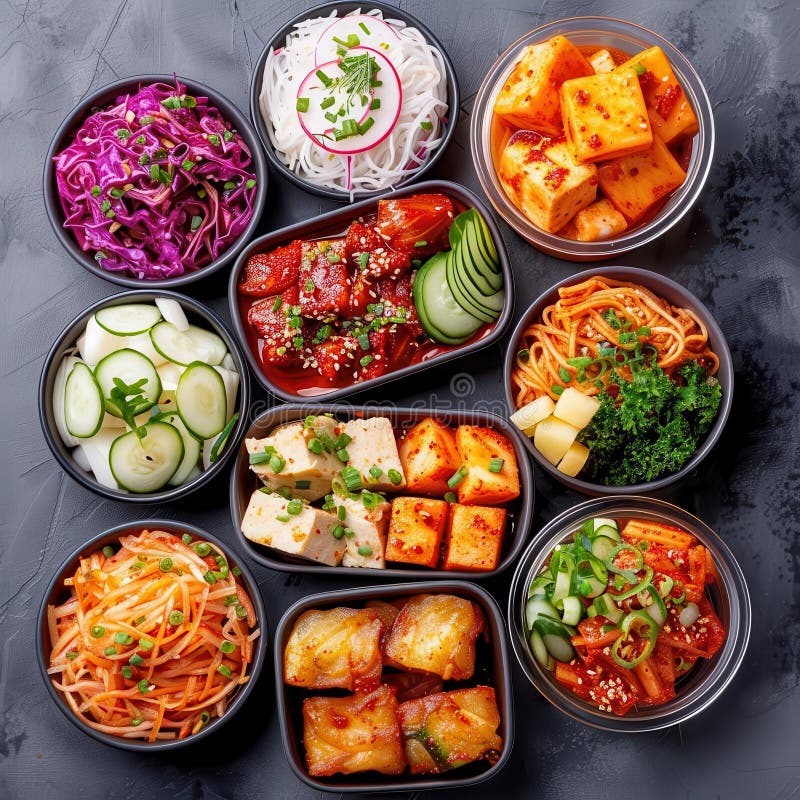 Assortment of Korean Side Dishes, Banchan, in Small Bowls Stock ...