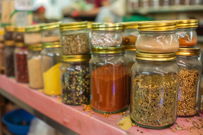Assortment of Local Spices in Jars on a Market Counter Stock Photo ...