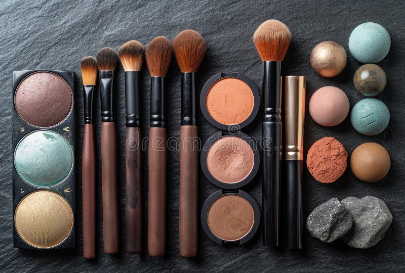 An Assortment of Makeup Items Including Brush, Stippling and Blush ...