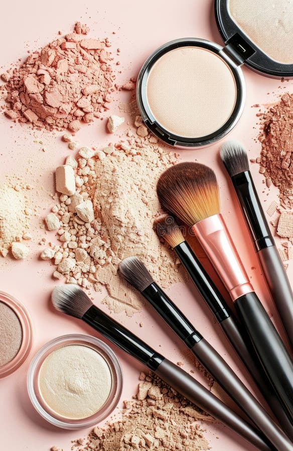 Assortment of Makeup Products and Tools Spread on a Pink Surface Stock ...