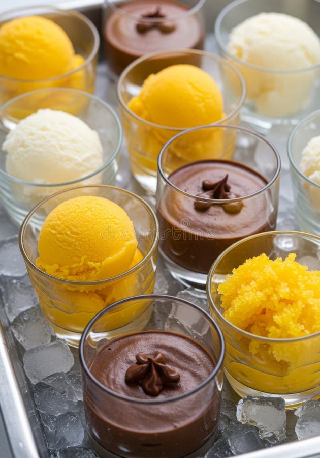 Assortment of Mango Sorbet, Vanilla Ice Cream, and Chocolate Mousse ...