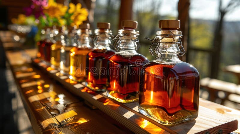Maple Syrup Saturday Assortment of Maple Syrup Bottles in Sunlit Rustic ...