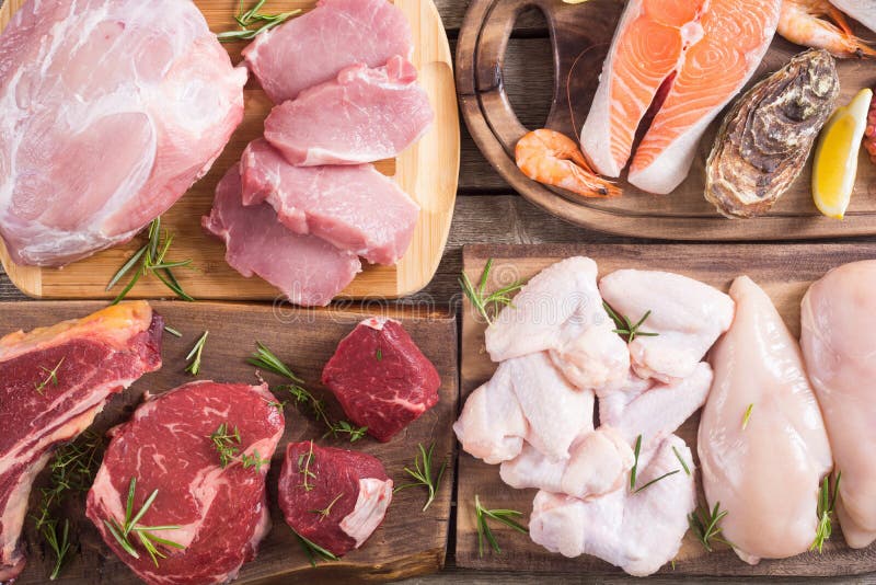 Assortment of Meat and Seafood Stock Image - Image of fish, flat: 148821707