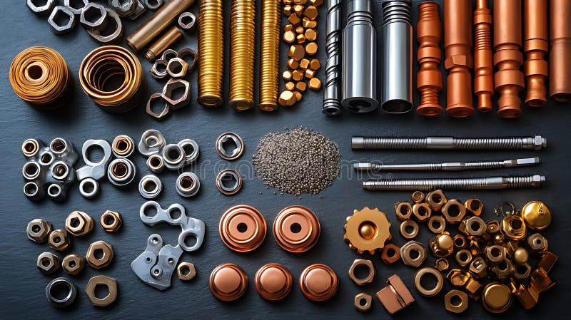 Assortment of Metallic Parts and Components on Dark Surface Stock ...