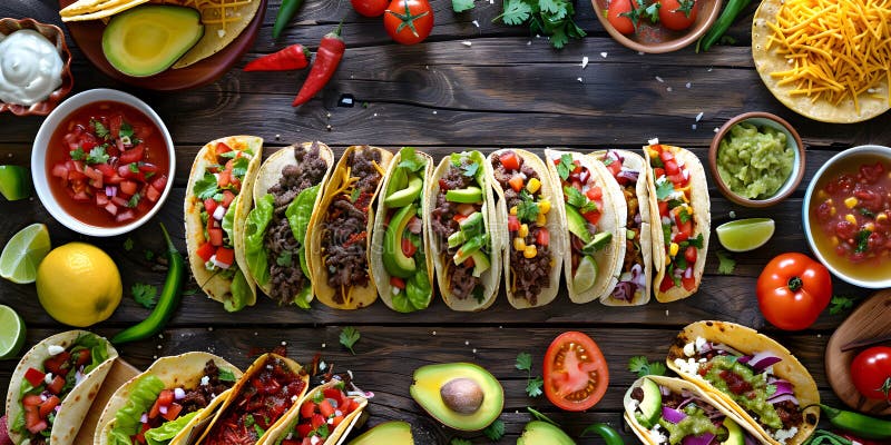 An Assortment of Mexican Tacos Stock Photo - Image of spicy, salsa ...