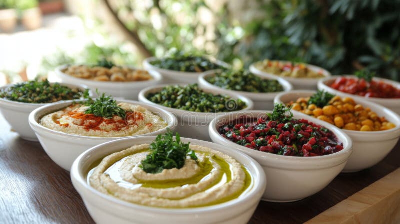 Assortment of Middle Eastern Dips in White Bowls Stock Illustration ...